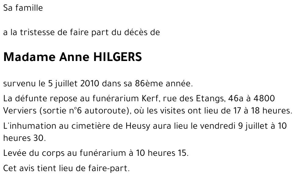 Avis de décès de Anne HILGERS décédé le 01/01/1901 à : annonce ...