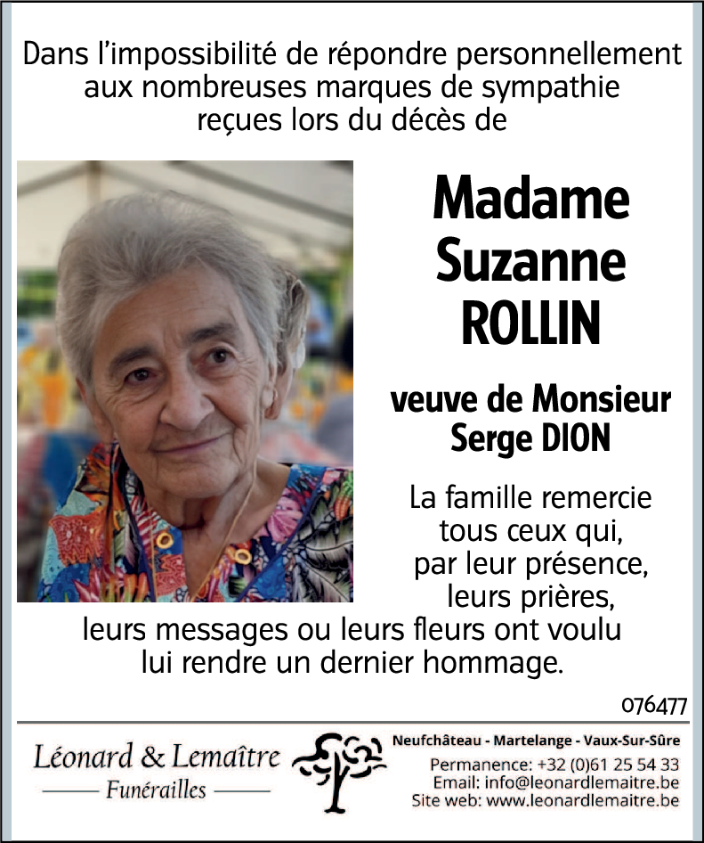 Avis De Décès De Suzanne Rollin Décédé Le 28 09 2024 à Libramont