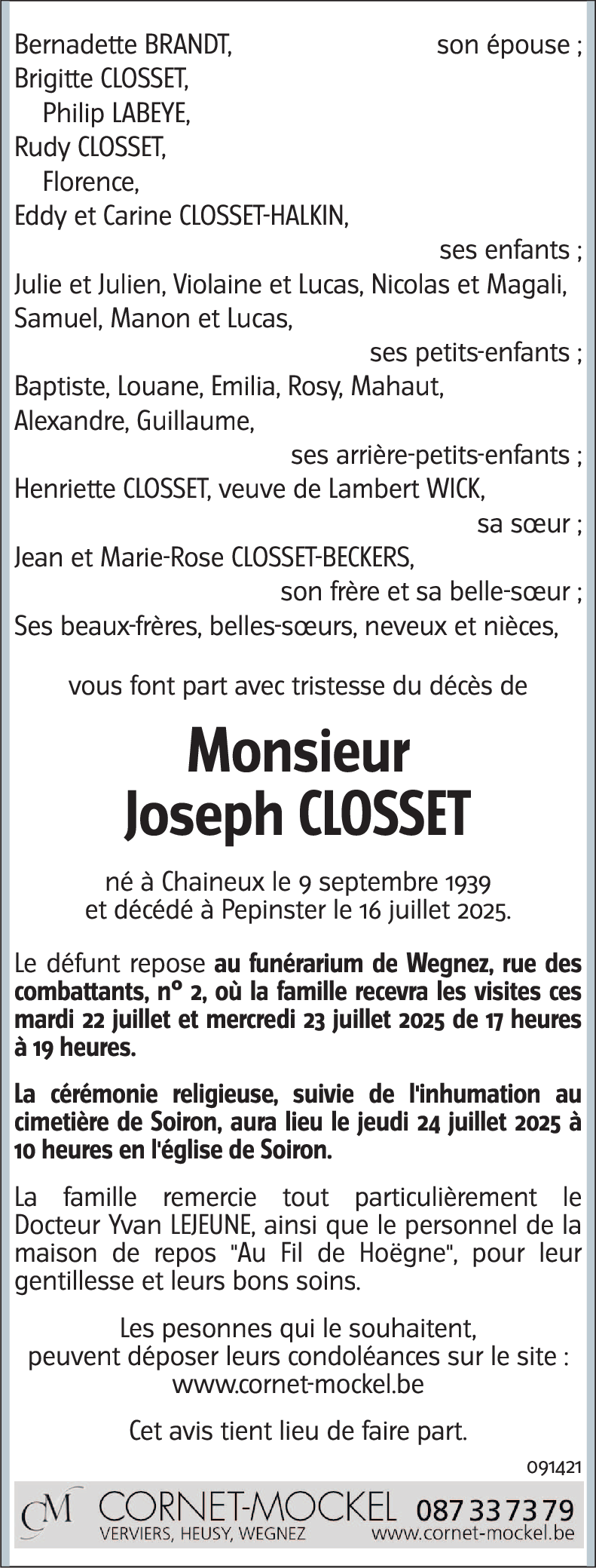 Avis de décès de Joseph CLOSSET décédé le 16/07/2025 à Pepinster ...