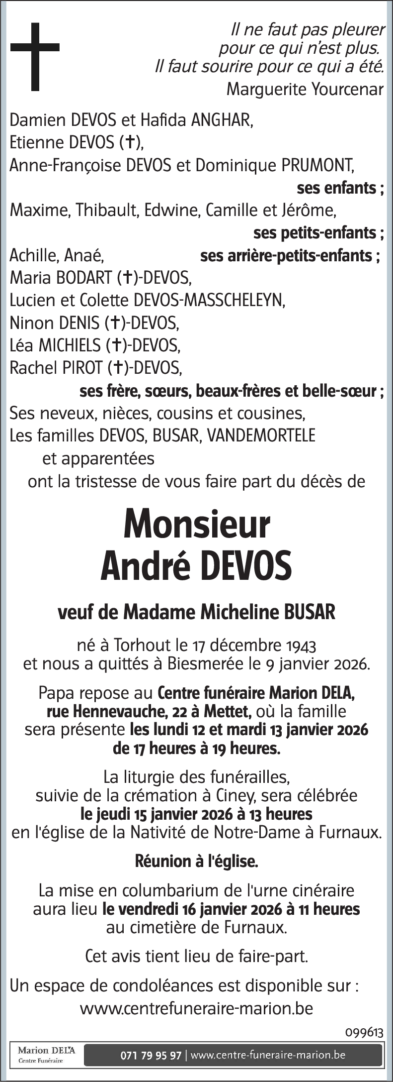 Avis de décès de André DEVOS décédé le 09/01/2026 à Biesmerée : annonce, condoléances, fleurs ...