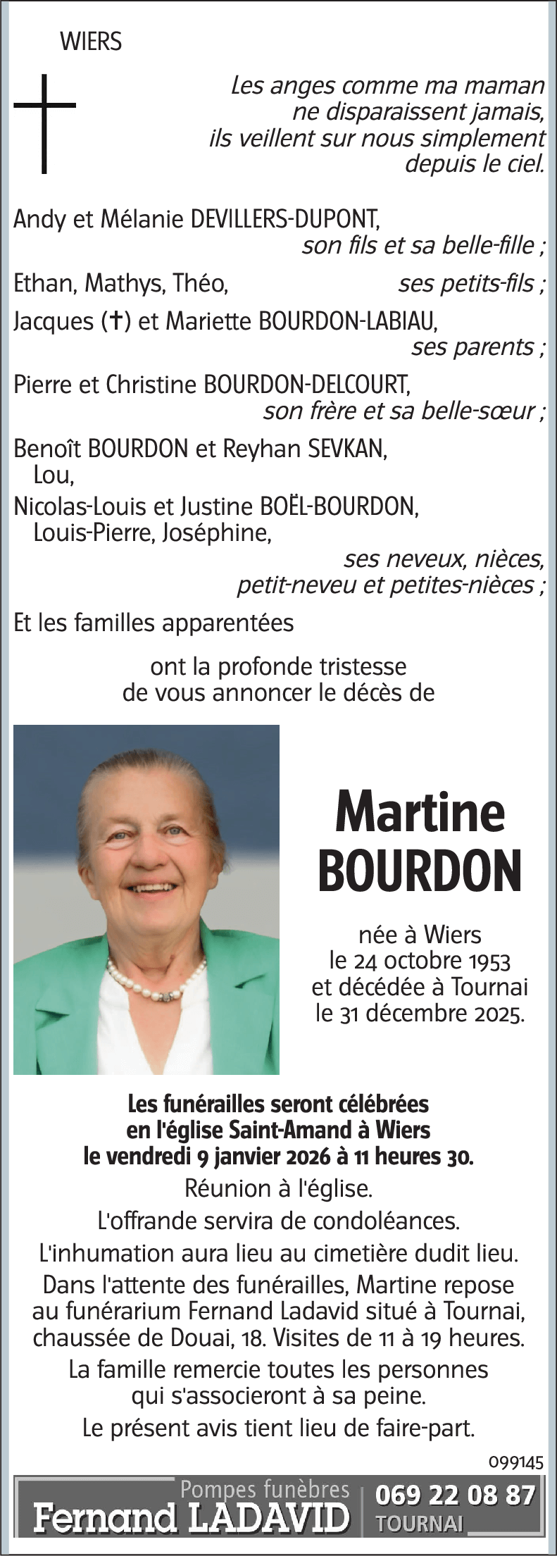 Avis de décès de Martine BOURDON décédé le 31/12/2025 à Tournai ...
