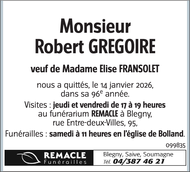 Avis de décès de Robert GREGOIRE décédé le 14/01/2026 à Herve : annonce ...