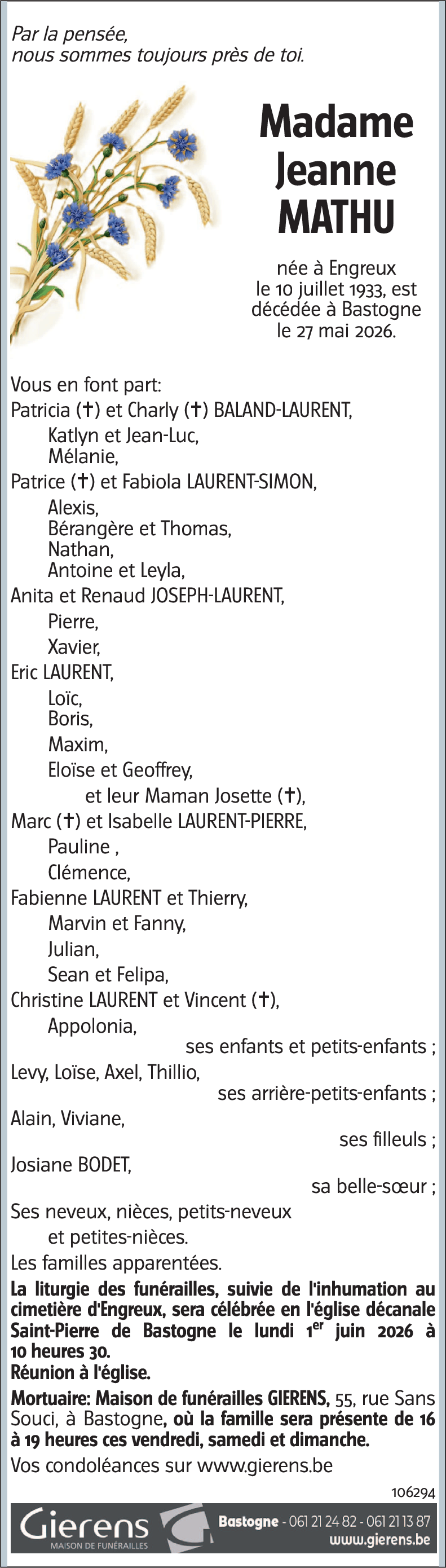 Avis de décès de Jeanne MATHU décédé le 27/05/2026 à Bastogne : annonce ...