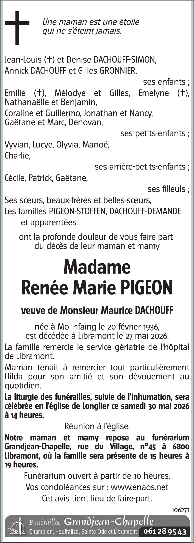 Avis de décès de Renée PIGEON décédé le 27/05/2026 à Libramont-Chevigny ...